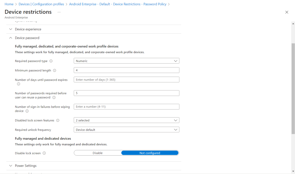 Assigning device password during Android Enterprise fully managed ...